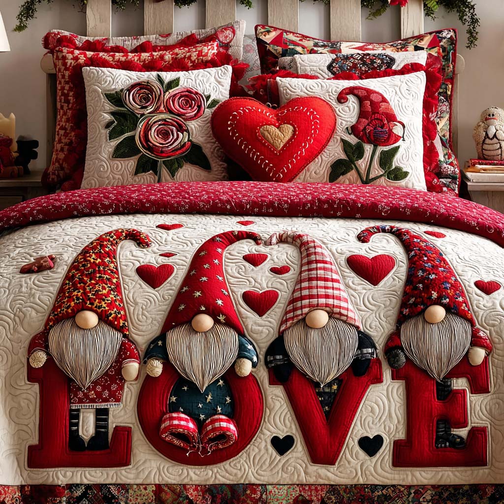Heartfelt Gnome Hug 3-Piece Quilted Bedding Set NCU0NNT2690 – Quiltnest