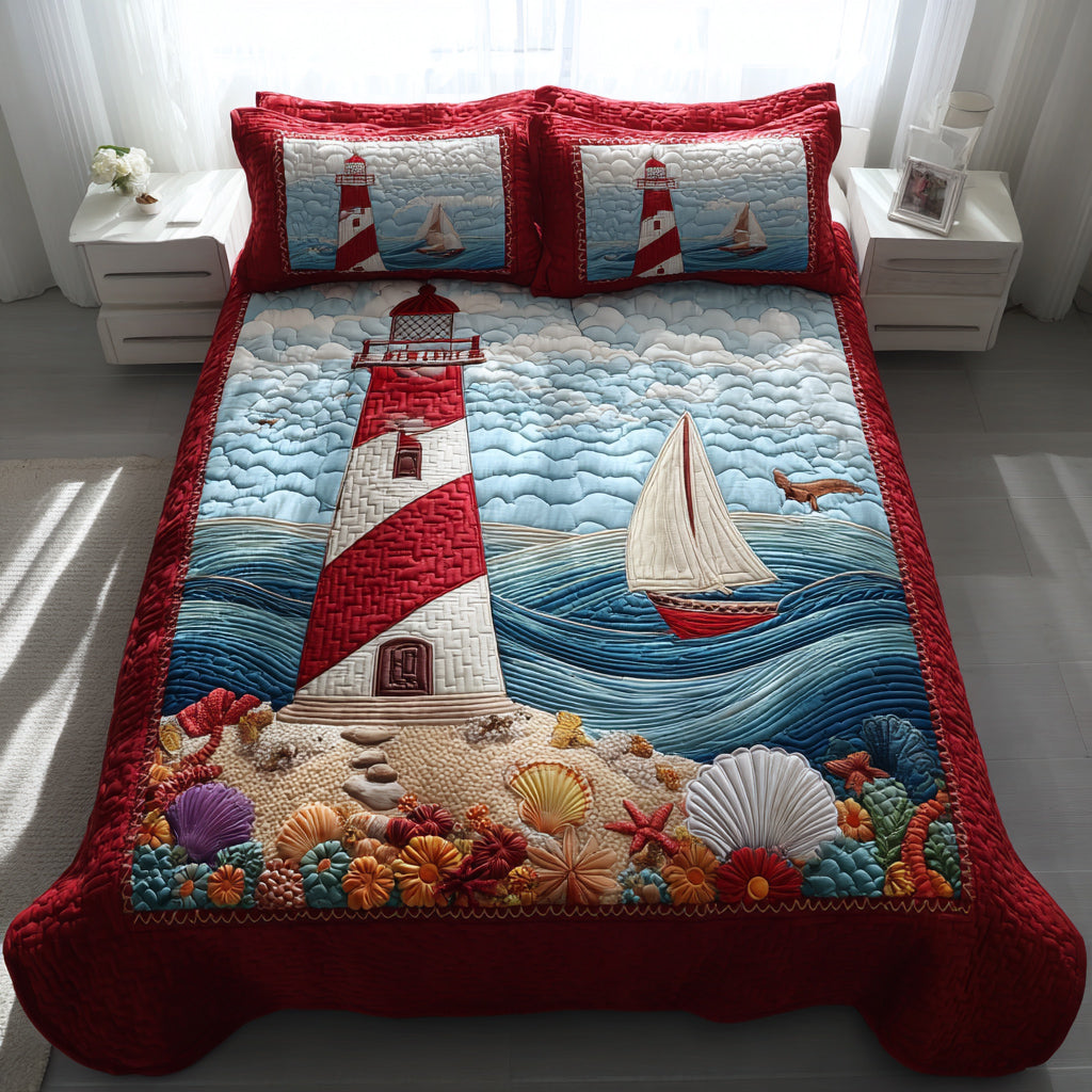 Seashell Lighthouse Shore 3-Piece Quilted Bedding Set NCU0HNH315 ...